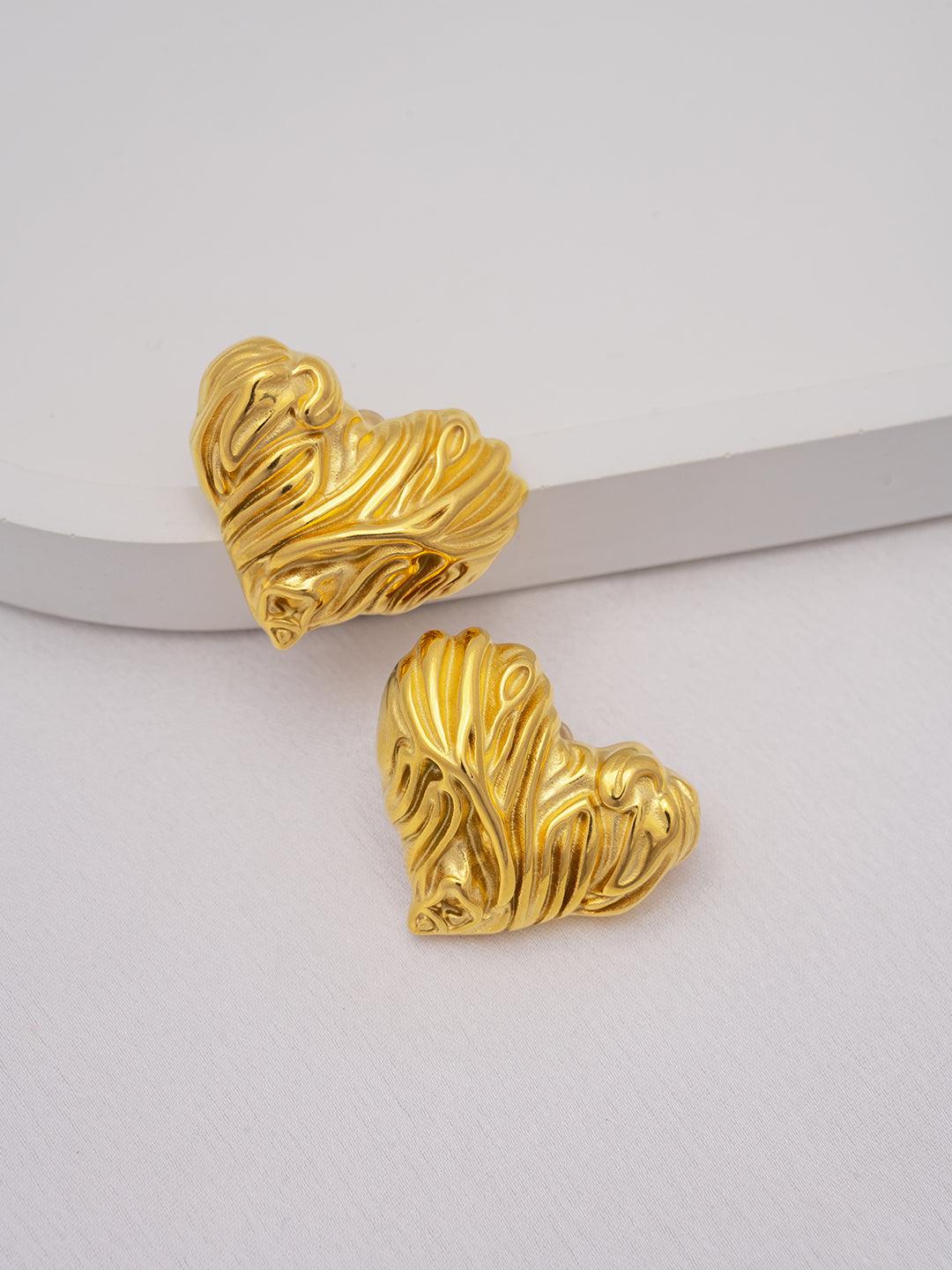 Charming Textured Heart Studs in Gold | Perfectly Average Jewellery