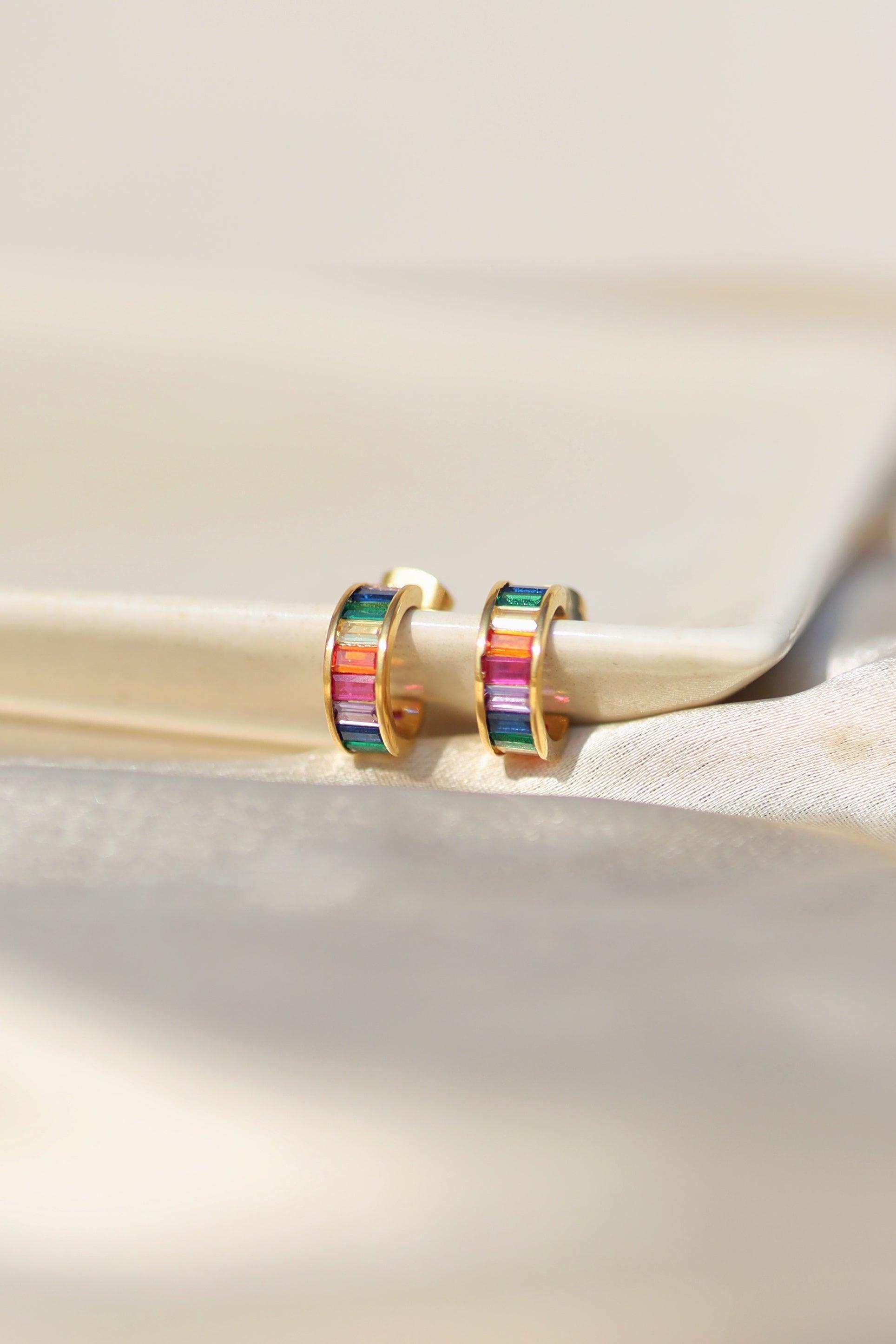 Rainbow Huggies - Colorful Cubic Zirconia Mini Hoops